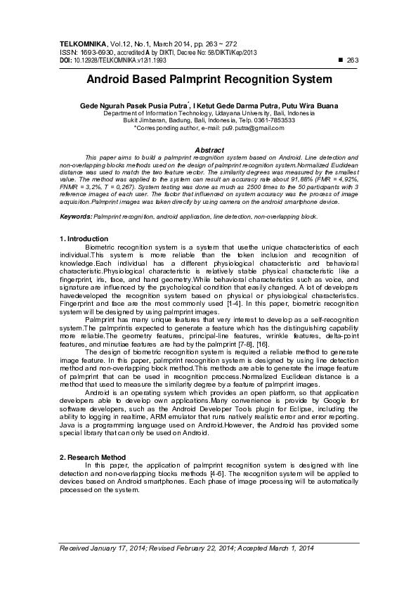 Pdf Android Based Palmprint Recognition System 1037 I Gede Prayoga