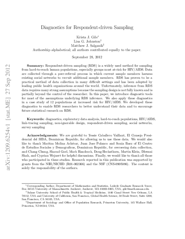 (PDF) Diagnostics for respondent‐driven sampling