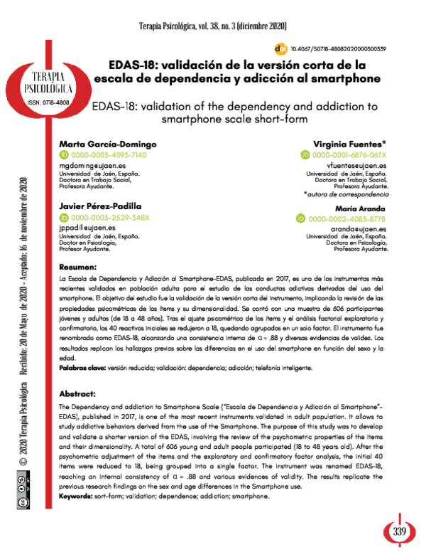 (PDF) EDAS-18: validación de la versión corta de la escala de dependencia y adicción al ...