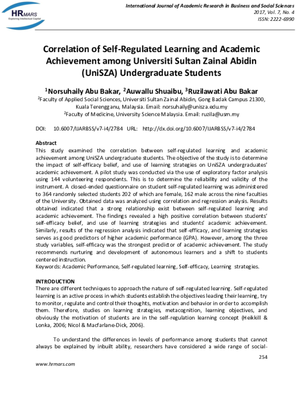 (PDF) Correlation of Self-Regulated Learning and Academic Achievement among Universiti Sultan ...