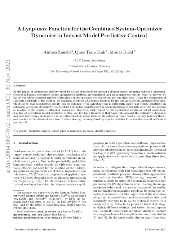 (PDF) A Lyapunov function for the combined system-optimizer dynamics in inexact model predictive ...