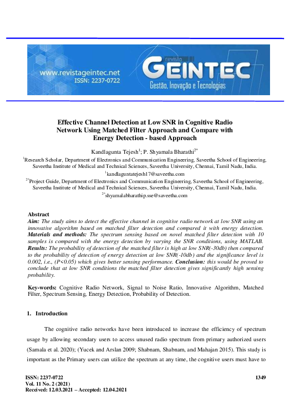 (PDF) Effective Channel Detection at Low SNR in Cognitive Radio Network Using Matched Filter ...