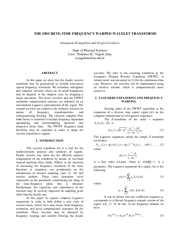 Pdf The Discrete Time Frequency Warped Wavelet Transforms