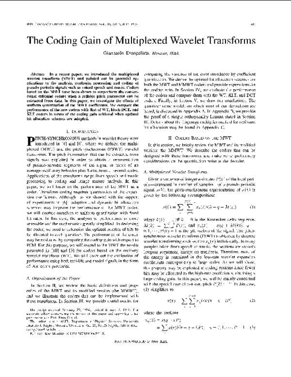 (PDF) The coding gain of multiplexed wavelet transforms | Gianpaolo Evangelista - Academia.edu