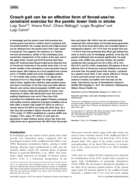 Pdf Crouch Gait Can Be An Effective Form Of Forced Use No Constraint Exercise For The Paretic