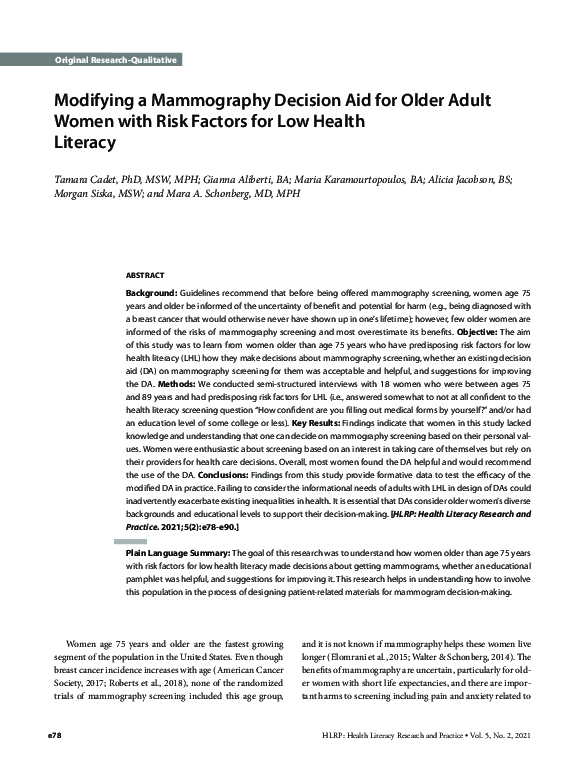 (PDF) Modifying a Mammography Decision Aid for Older Adult Women with ...