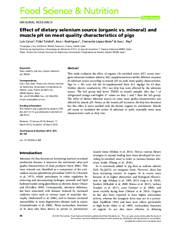 (PDF) Effect of dietary selenium source (organic vs. mineral) and muscle pH on meat quality ...