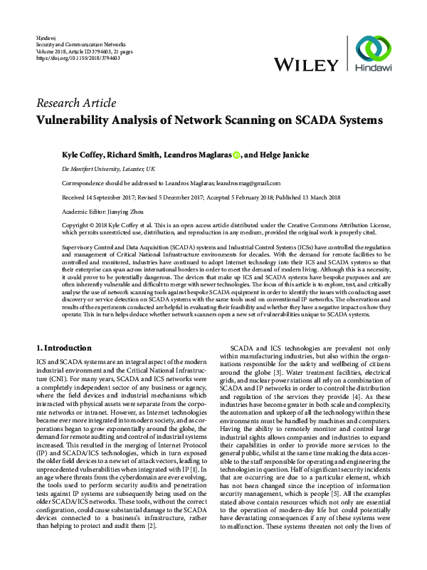 Pdf Vulnerability Analysis Of Network Scanning On Scada Systems