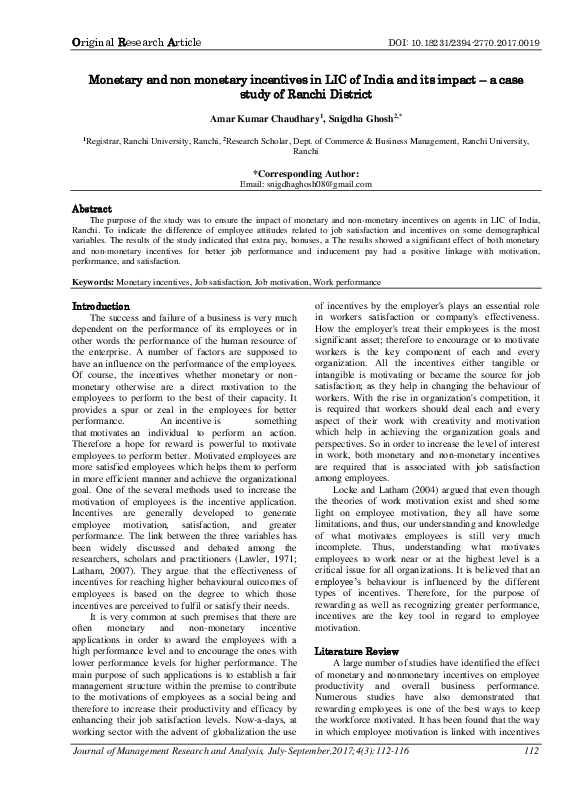 (PDF) Monetary and non monetary incentives in LIC of India and its ...