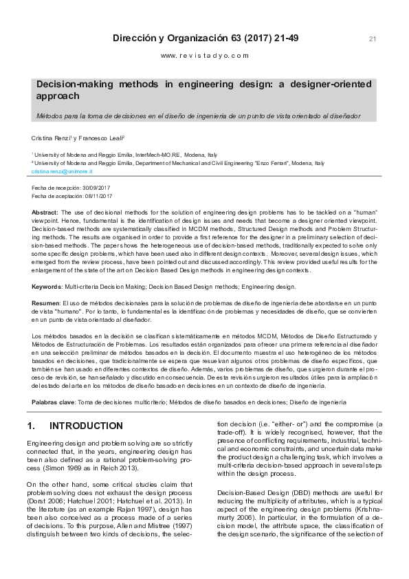 (PDF) Decision-making methods in engineering design: a designer-oriented approach