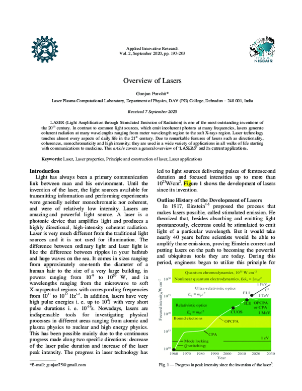 (PDF) Overview of Lasers