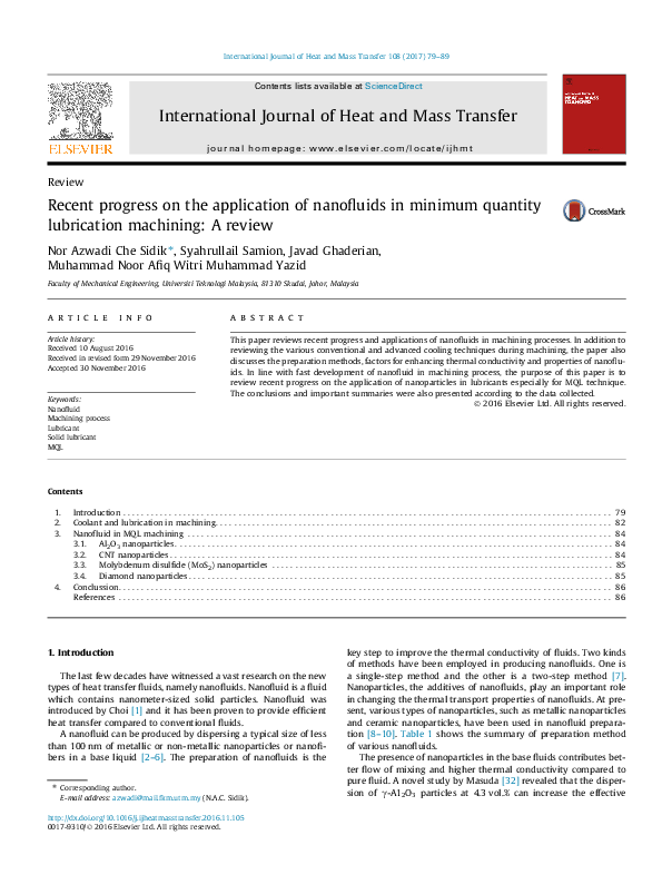 Pdf Recent Progress On The Application Of Nanofluids In Minimum