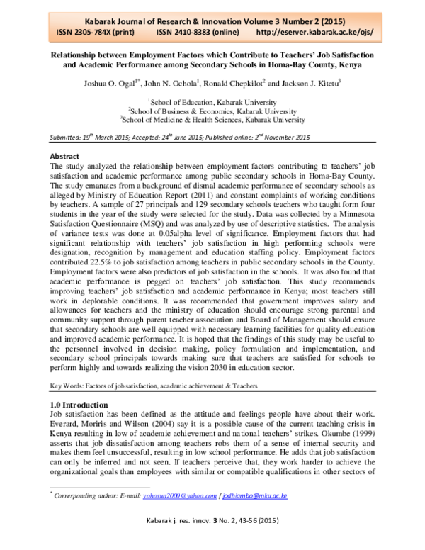 (PDF) Relationship between Employment Factors which Contribute to Teachers’ Job Satisfaction and ...