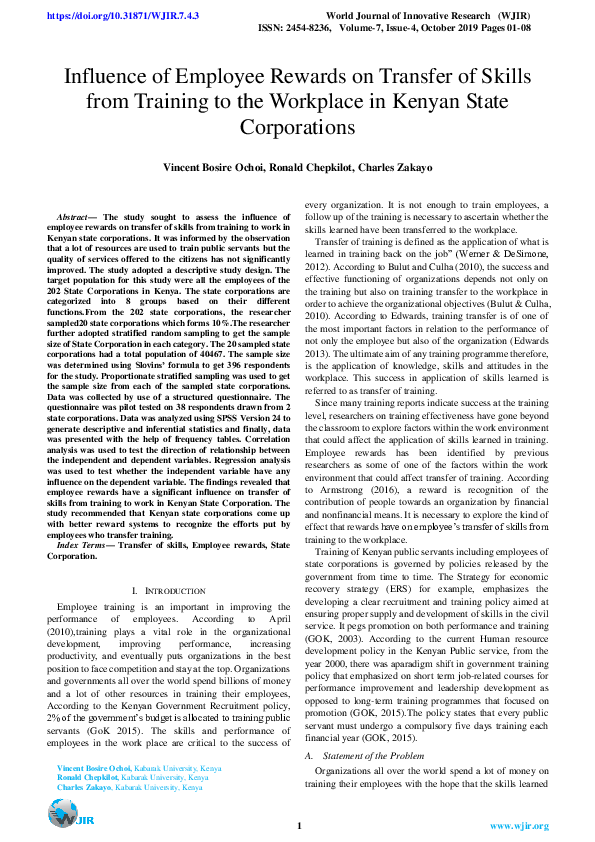 (PDF) Influence of Employee Rewards on Transfer of Skills from Training ...