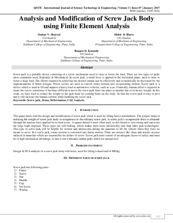 (PDF) Analysis and Modification of Screw Jack Body using Finite Element ...