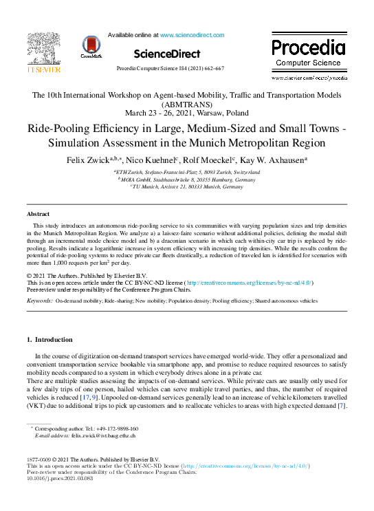 Pdf Ride Pooling Efficiency In Large Medium Sized And Small Towns Simulation Assessment In