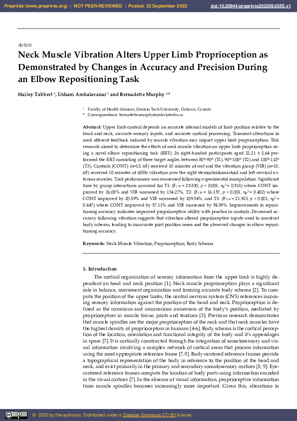 (PDF) Neck Muscle Vibration Alters Upper Limb Proprioception as ...