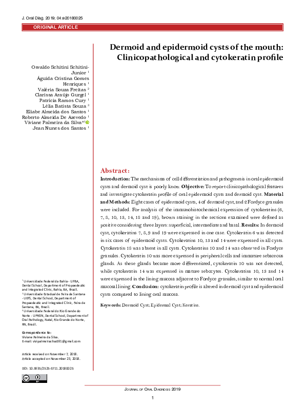 Pdf Dermoid And Epidermoid Cysts Of The Mouth Clinicopathological