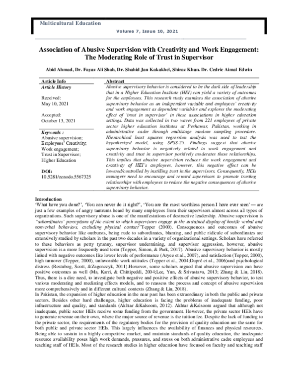 Pdf Association Of Abusive Supervision With Creativity And Work