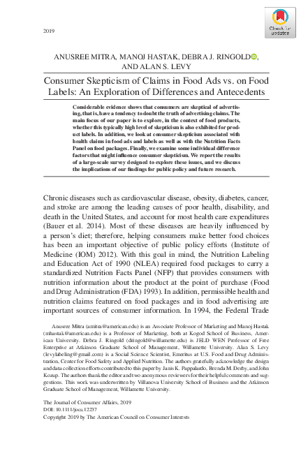 (PDF) Consumer Skepticism of Claims in Food Ads vs. on Food Labels: An ...