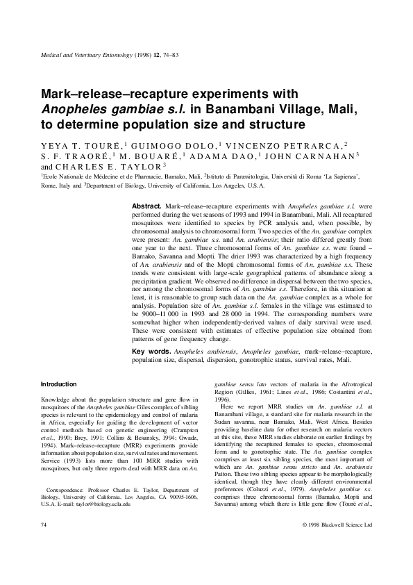 Pdf Mark Release Recapture Experiments With Anopheles Gambiae S L In Banambani Village Mali