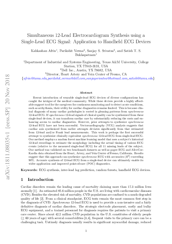 (PDF) Simultaneous 12-Lead Electrocardiogram Synthesis using a Single ...