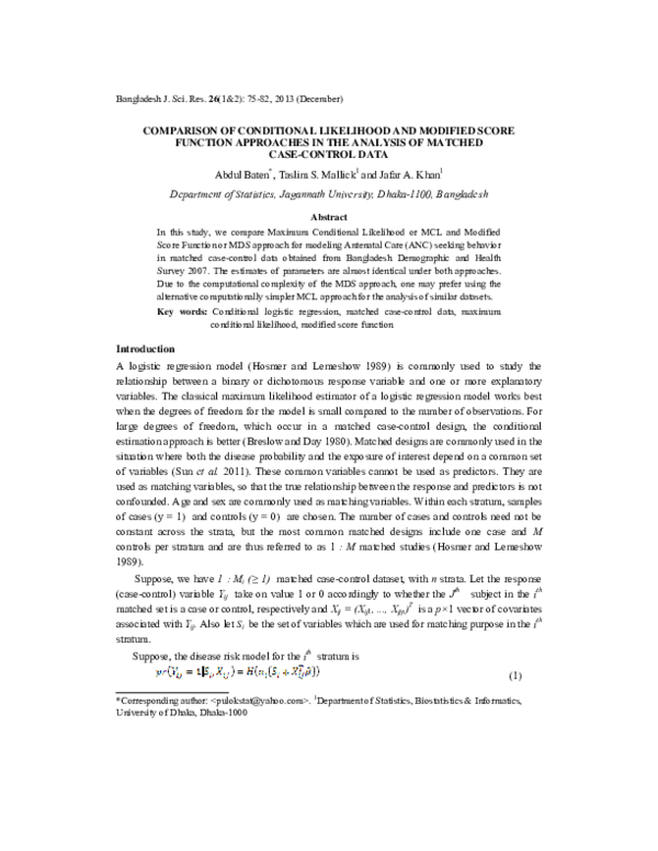 Pdf Comparison Of Conditional Likelihood And Modified Score Function 1913
