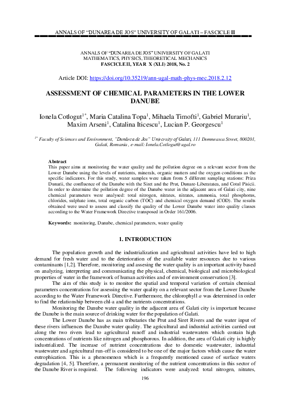 (PDF) Assessment of chemical parameters in the lower Danube