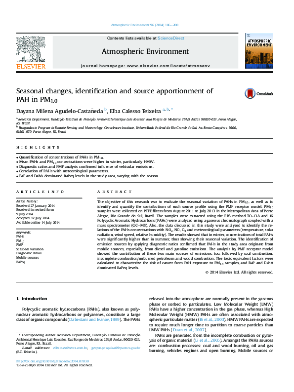 (PDF) Seasonal changes, identification and source apportionment of PAH ...
