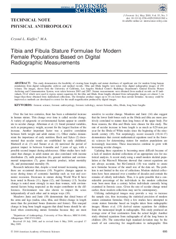 (PDF) Tibia and Fibula Stature Formulae for Modern Female Populations ...