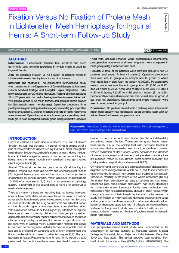 (PDF) Fixation Versus No Fixation of Prolene Mesh in Lichtenstein Mesh Hernioplasty for Inguinal ...