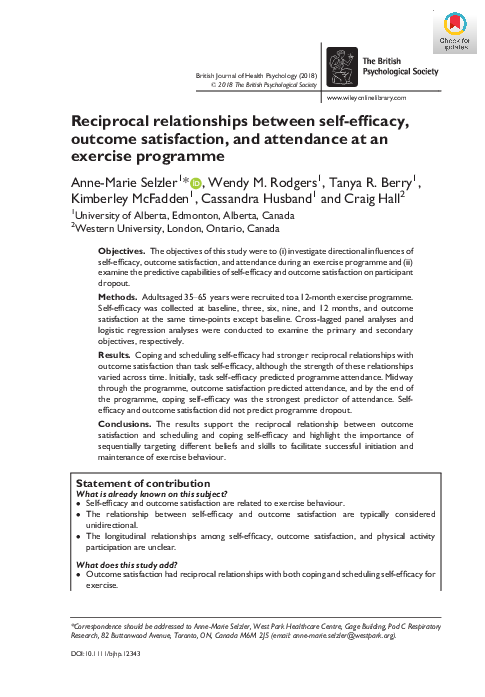 (PDF) Reciprocal relationships between self-efficacy, outcome satisfaction, and attendance at an ...