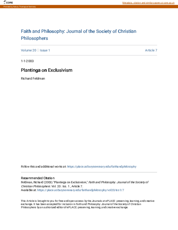 (PDF) Plantinga on Exclusivism