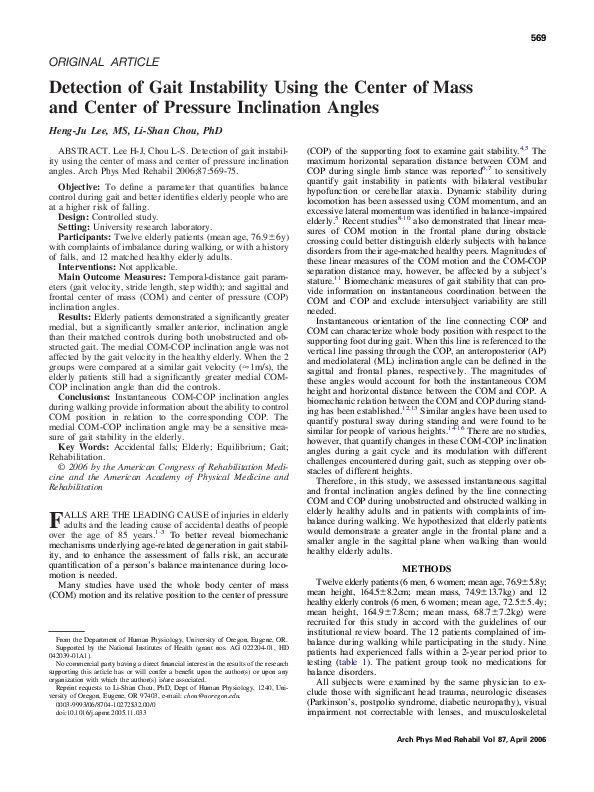 (PDF) Detection of Gait Instability Using the Center of Mass and Center ...
