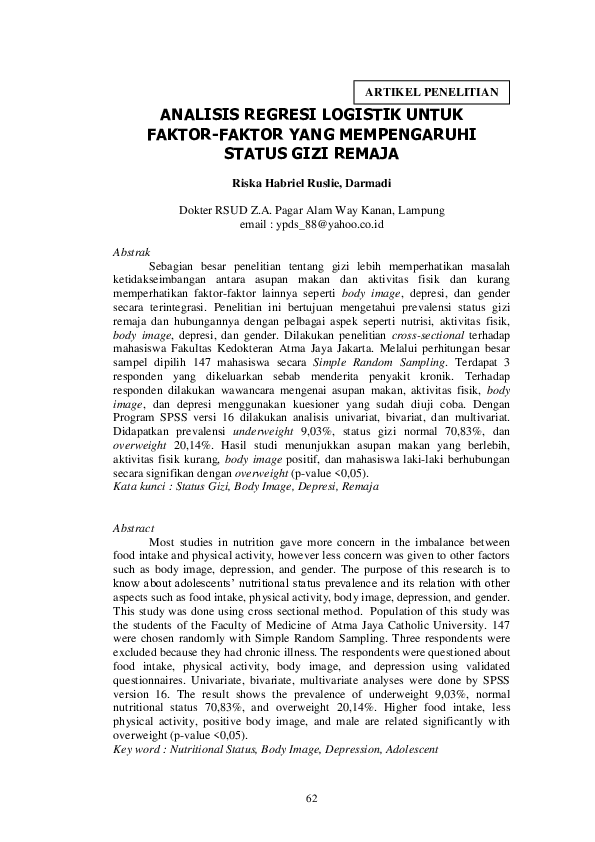 (PDF) Analisis Regresi Logistik Untuk Faktor-Faktor Yang Mempengaruhi ...