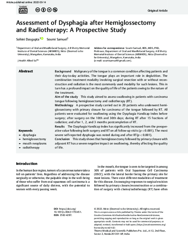 (PDF) Assessment of Dysphagia after Hemiglossectomy and Radiotherapy: A ...