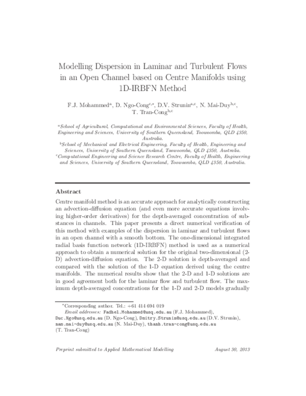(PDF) Modelling dispersion in laminar and turbulent flows in an open channel based on centre ...
