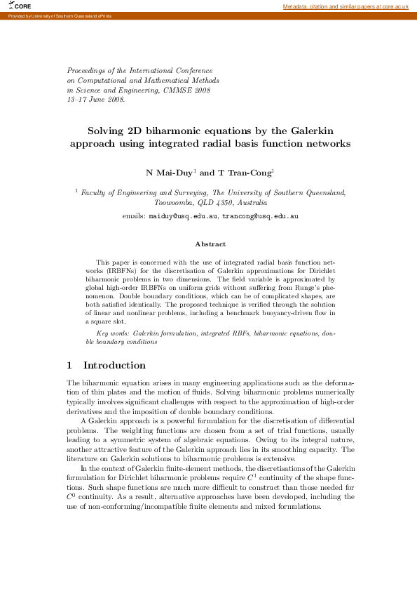 (PDF) Solving 2D biharmonic equations by the Galerkin approach using integrated radial basis ...