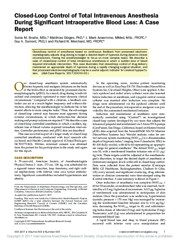 Pdf Closed Loop Control Of Total Intravenous Anesthesia During