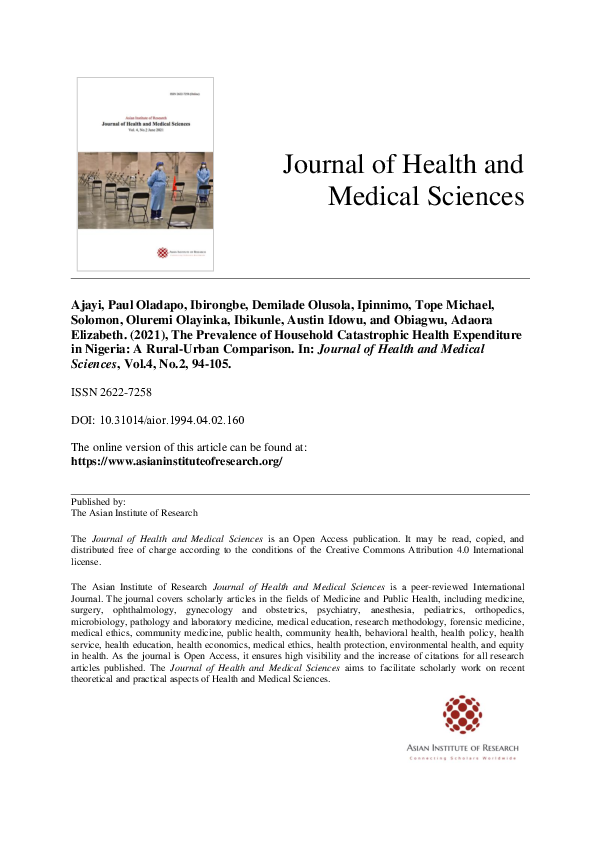 (PDF) The Prevalence of Household Catastrophic Health Expenditure in Nigeria: A Rural-Urban ...