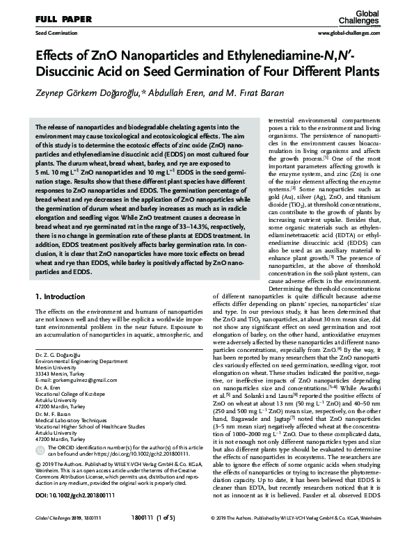 (PDF) Effects of ZnO Nanoparticles and Ethylenediamine-N ,N ′-Disuccinic Acid on Seed ...