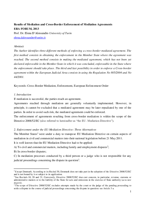 (PDF) Results of mediation and cross-border enforcement of mediation ...