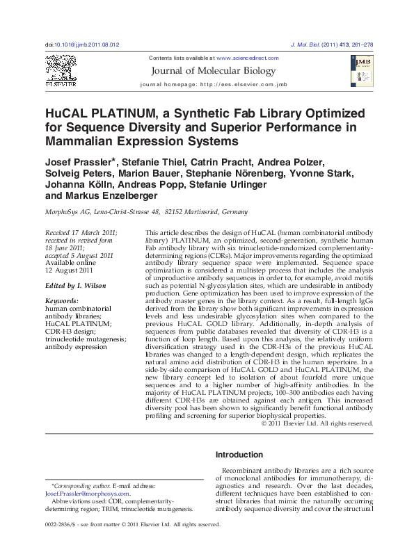 (PDF) HuCAL PLATINUM, a Synthetic Fab Library Optimized for Sequence ...
