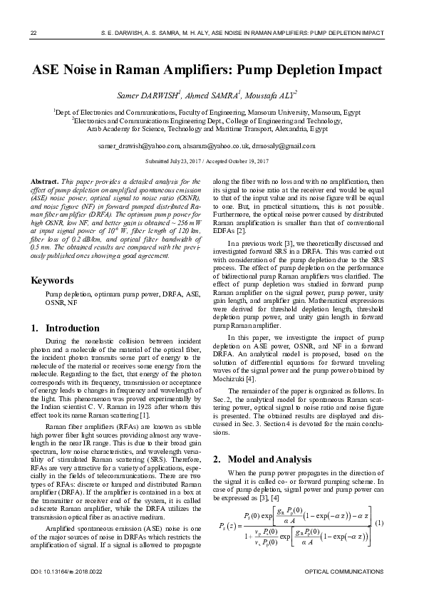 (PDF) ASE Noise in Raman Amplifiers: Pump Depletion Impact