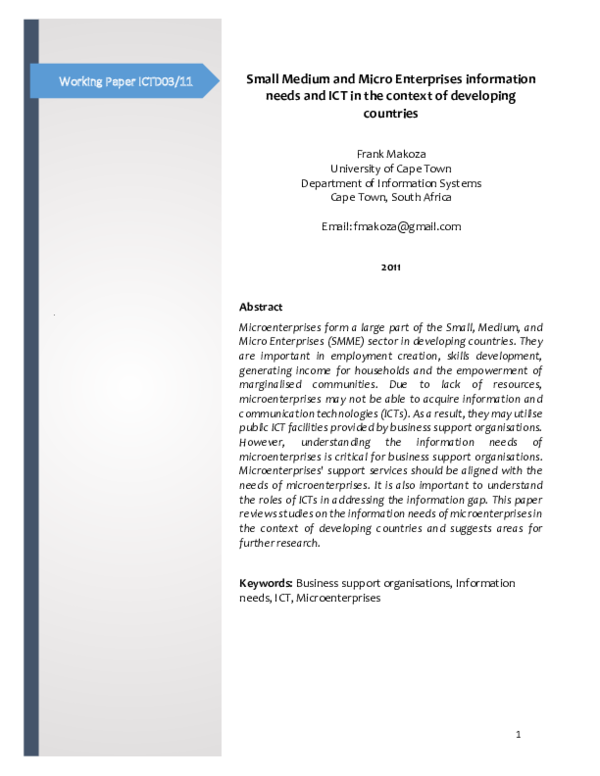 (PDF) Small Medium and Micro Enterprises information needs and ICT in the context of developing ...