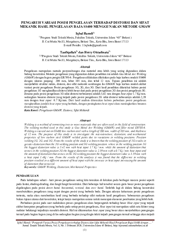 (PDF) Pengaruh Variasi Posisi Pengelasan Terhadap Distorsi Dan Sifat Mekanik Hasil Pengelasan ...