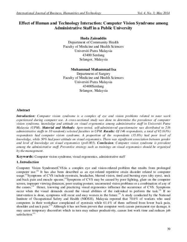 (PDF) Effect of Human and Technology Interaction: Computer Vision Syndrome among Administrative ...