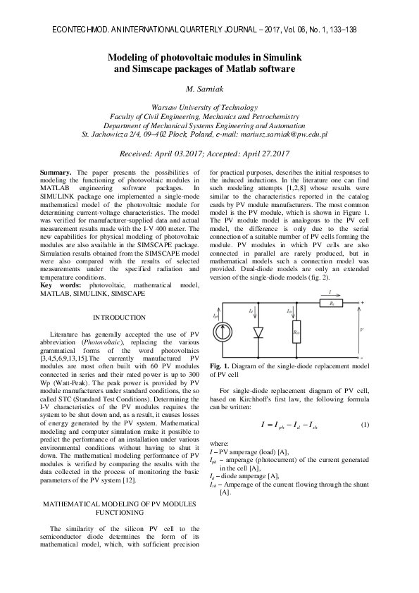 (PDF) Modeling of photovoltaic modules in Simulink and Simscape ...