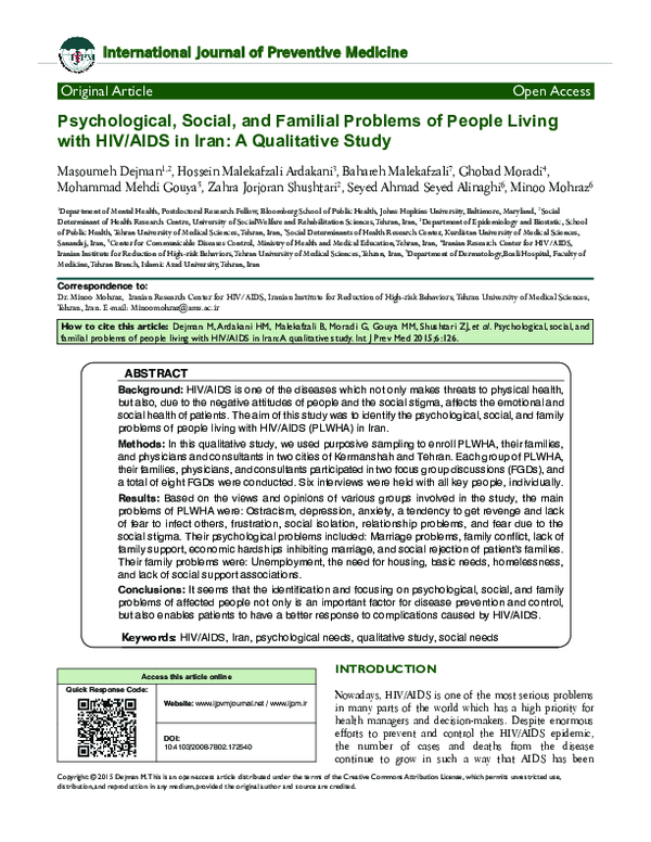 (PDF) Psychological, social, and familial problems of people living with HIV/AIDS in Iran: A ...
