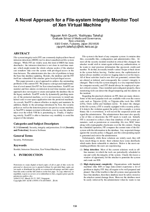 Pdf A Novel Approach For A File System Integrity Monitor Tool Of Xen Virtual Machine